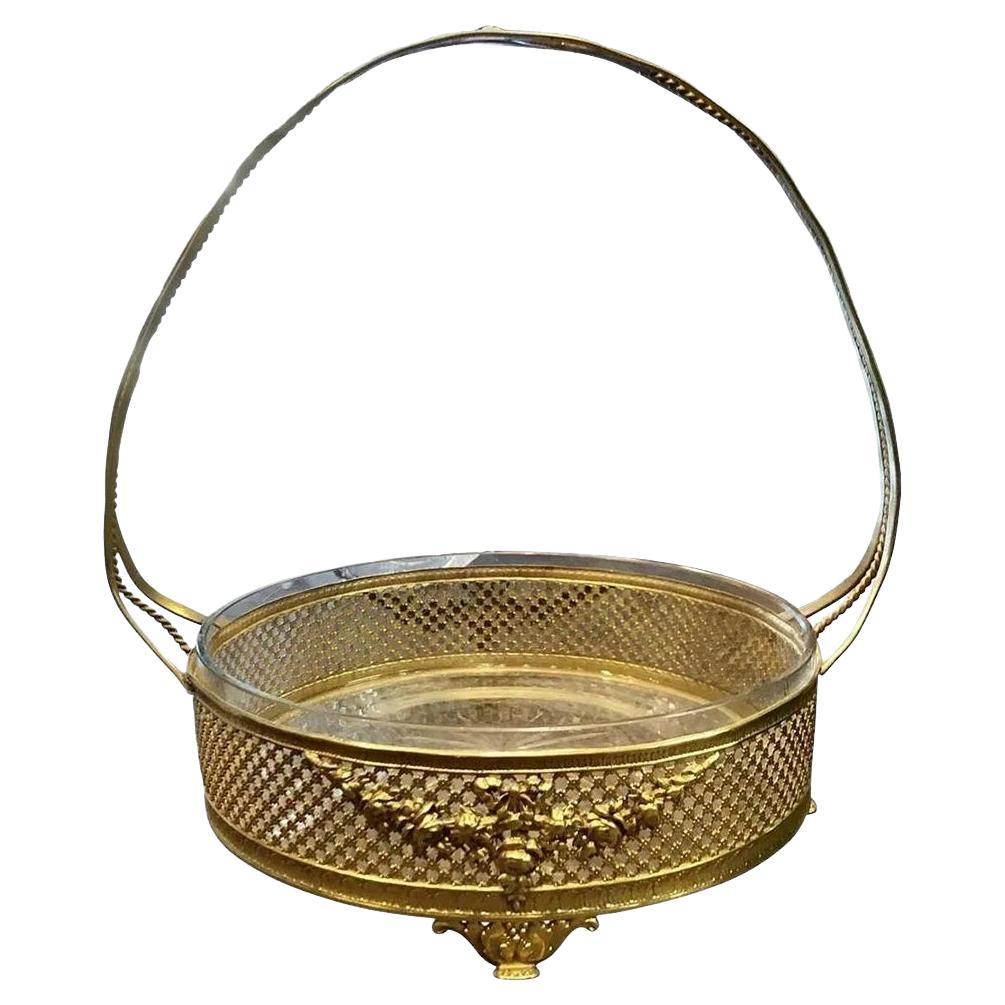 1930s Polished Solid Brass Decorative Basket For Sale at 1stDibs