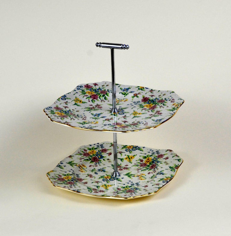 1930s Royal Winton Two-Tier Tidbit Tray Queen Anne Needlepoint Pattern ...