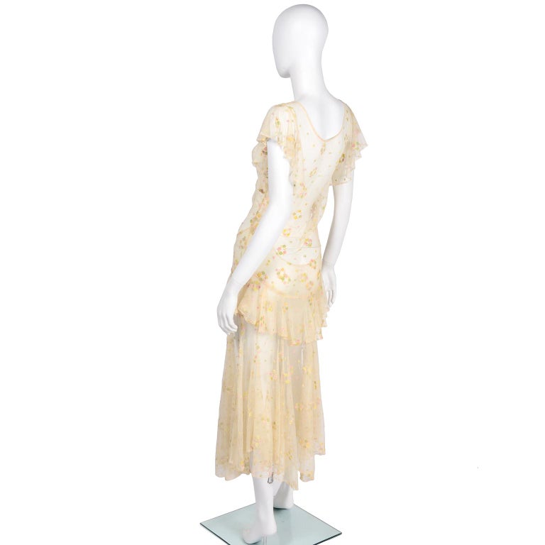 1930s Sheer Vintage Net Lace Dress w Butterfly Sleeves Embroidered w ...