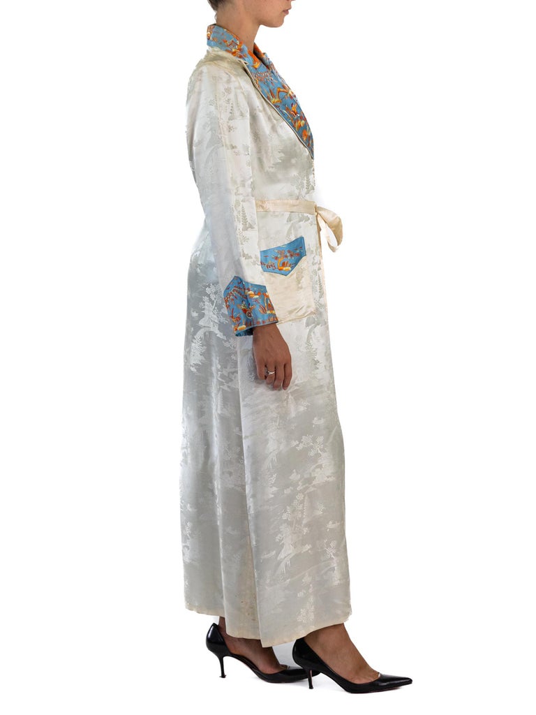 1930S Silver and Blue Silk Jacquard Scenic Embroiderd Long Robe With ...