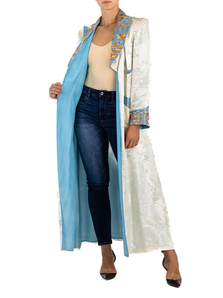 1930S Silver and Blue Silk Jacquard Scenic Embroiderd Long Robe With ...