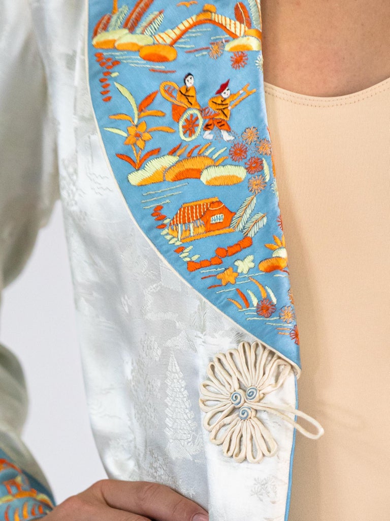 1930S Silver and Blue Silk Jacquard Scenic Embroiderd Long Robe With ...