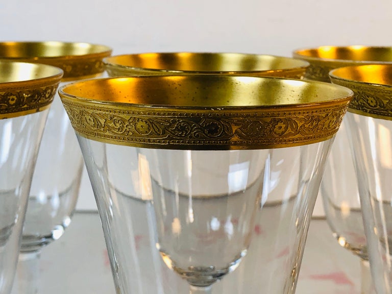 1930s Tiffin Glass Gold Rim Rose Tall Stems, Set of 10 For Sale at 1stDibs