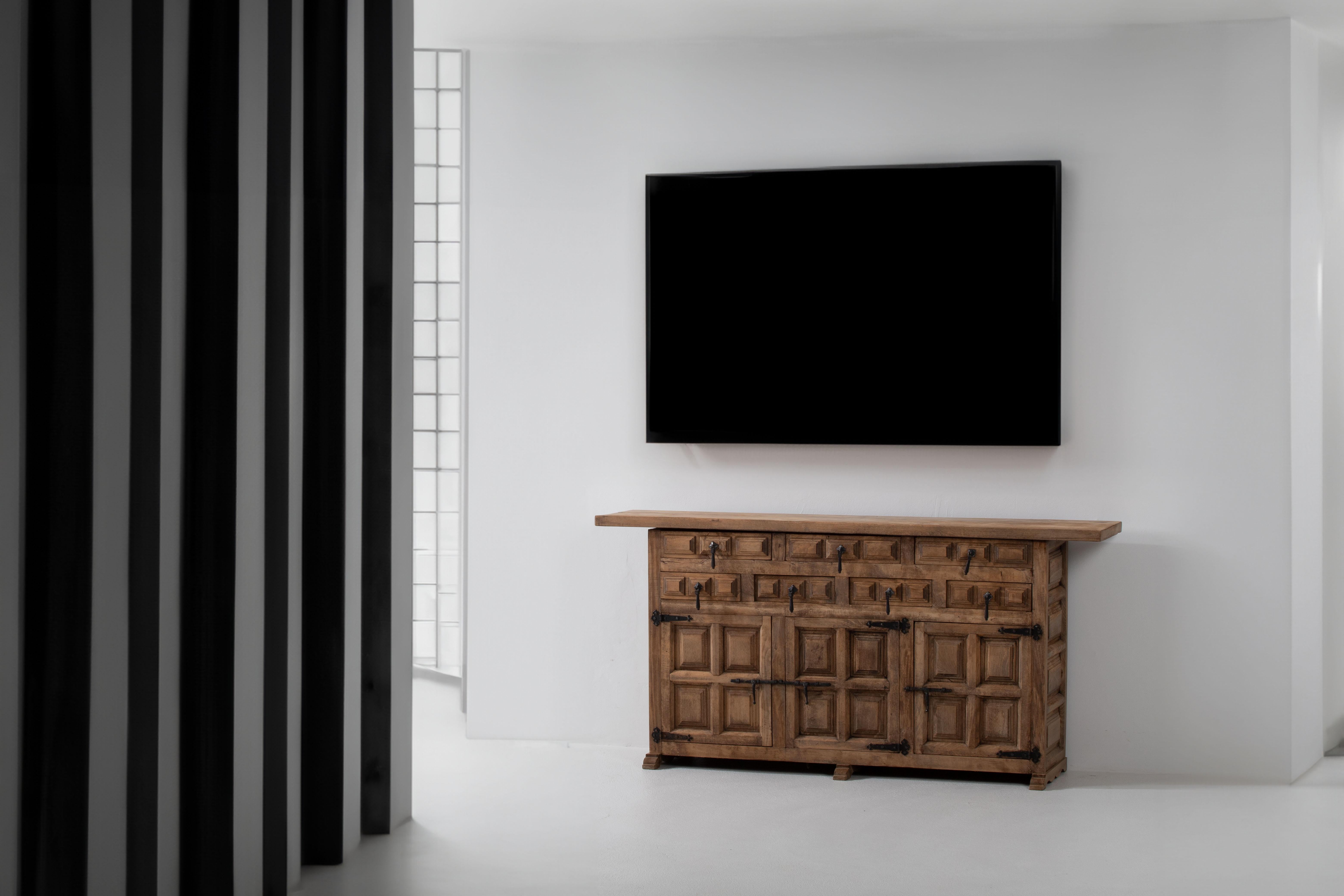 1930s Tuscan-Style Spanish Solid Walnut Three-Door Buffet at 1stDibs