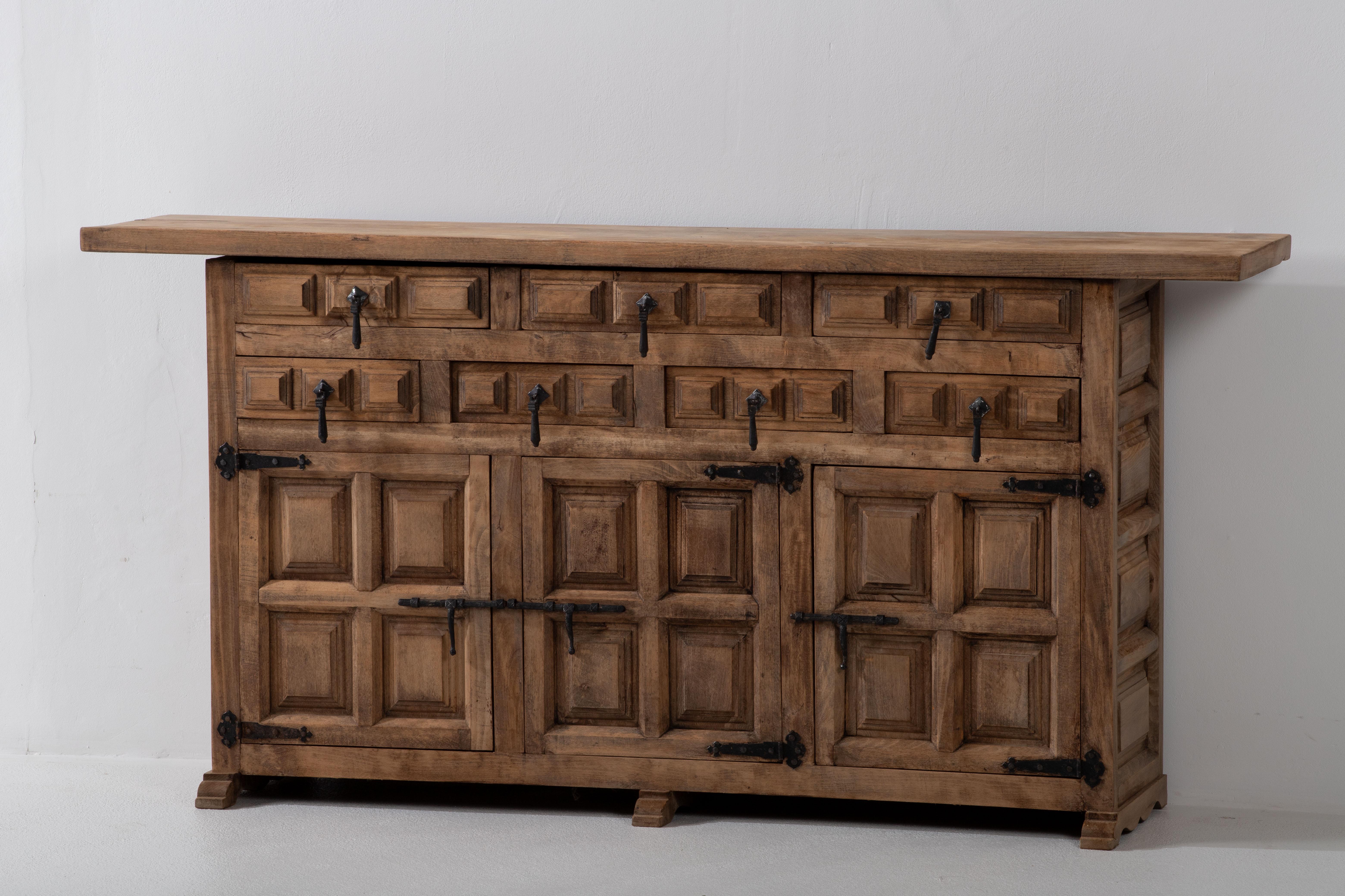 1930s Tuscan-Style Spanish Solid Walnut Three-Door Buffet at 1stDibs