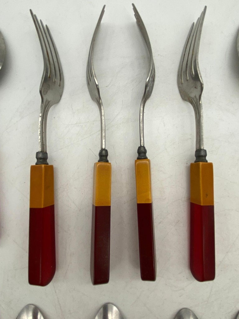 1930s Two Toned Butterscotch and Cherry Red and Green Bakelite Flatware ...