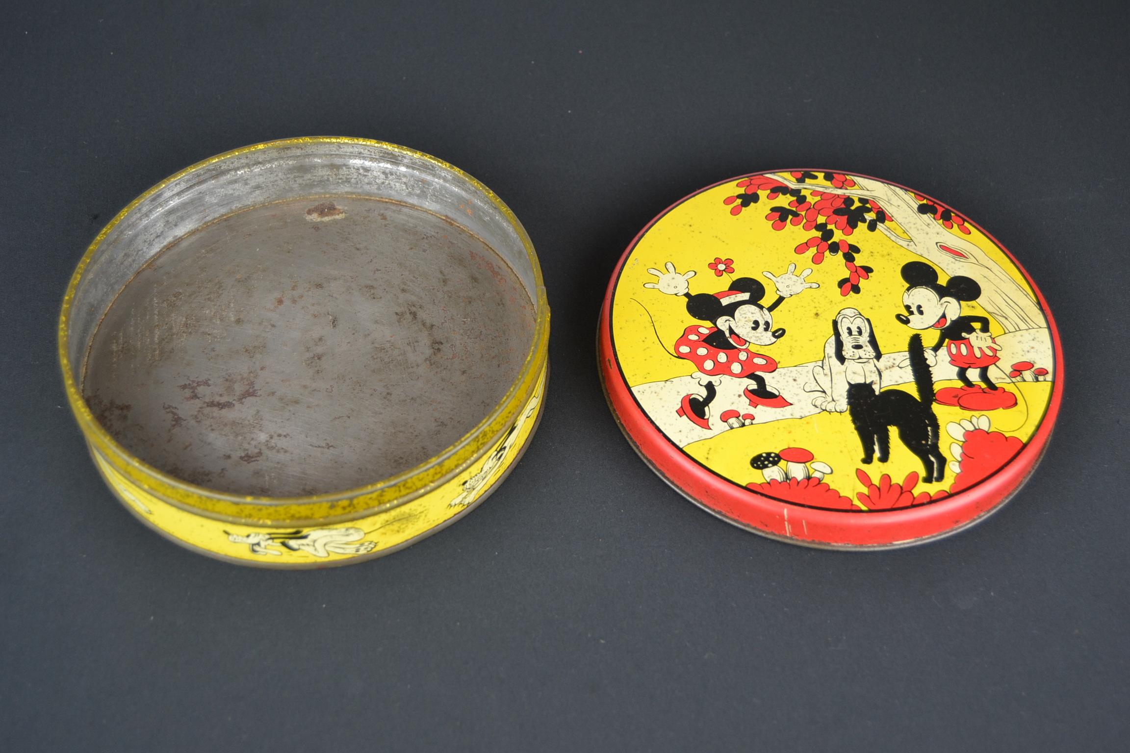 1930s Walt Disney Tin with Mickey Mouse, Minnie Mouse, Pluto and Cat ...