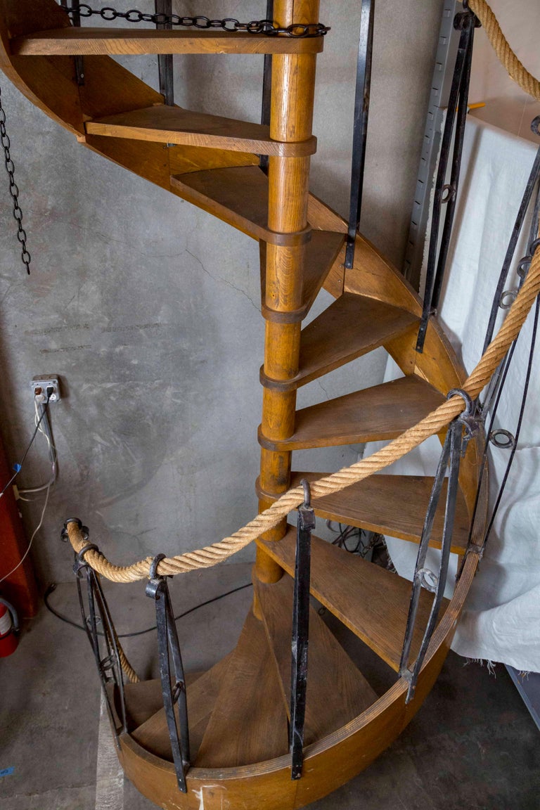 1930s Wood Spiral Staircase with Wrought Iron Balusters and Rope ...
