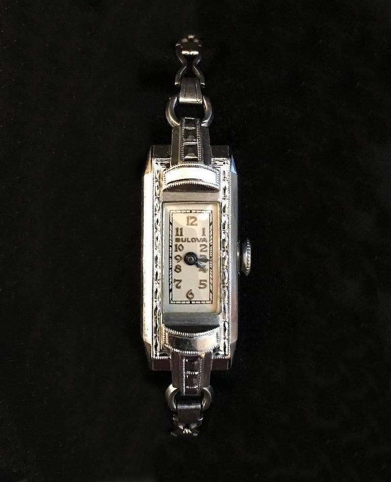 1931 Ladies Bulova Art Deco 10-Karat White Gold Watch at 1stDibs