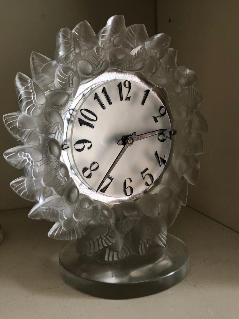 1931 René Lalique Roitelets Clock Clear Glass Enamel Dial Omega ...