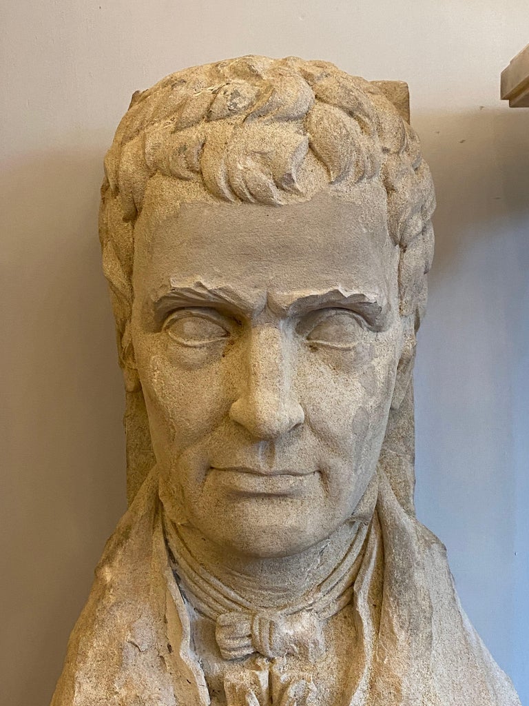 1931 Stately Bust of Robert Fulton Carved in Limestone on Marble Base ...