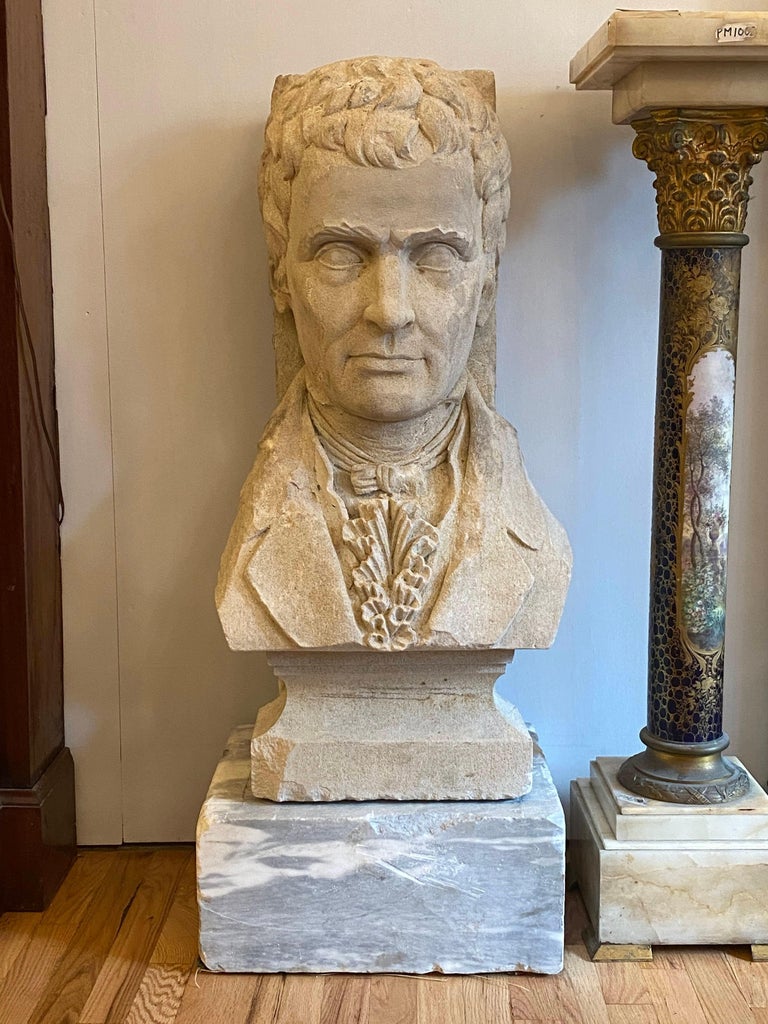 1931 Stately Bust of Robert Fulton Carved in Limestone on Marble Base ...