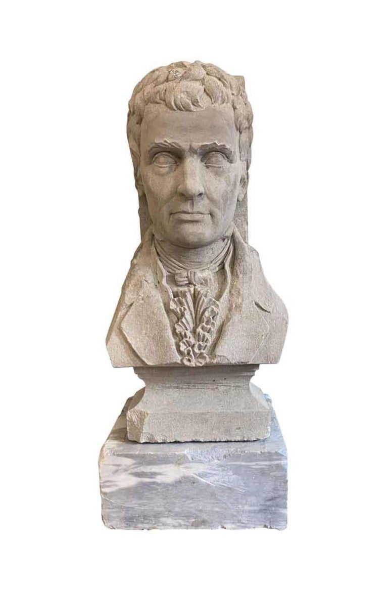 1931 Stately Bust of Robert Fulton Carved in Limestone on Marble Base ...