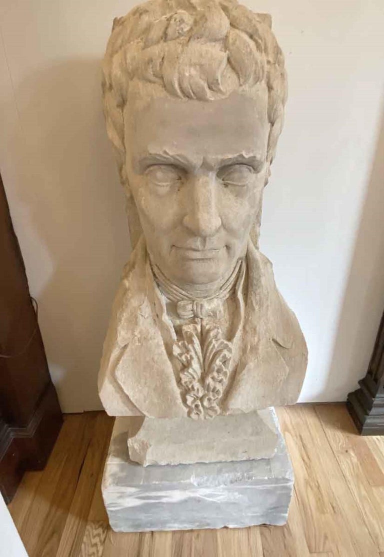 1931 Stately Bust of Robert Fulton Carved in Limestone on Marble Base ...