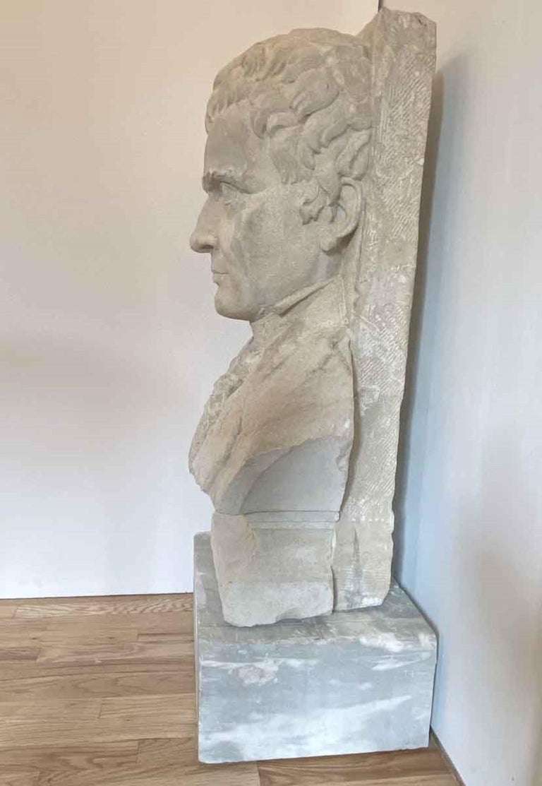 1931 Stately Bust of Robert Fulton Carved in Limestone on Marble Base ...