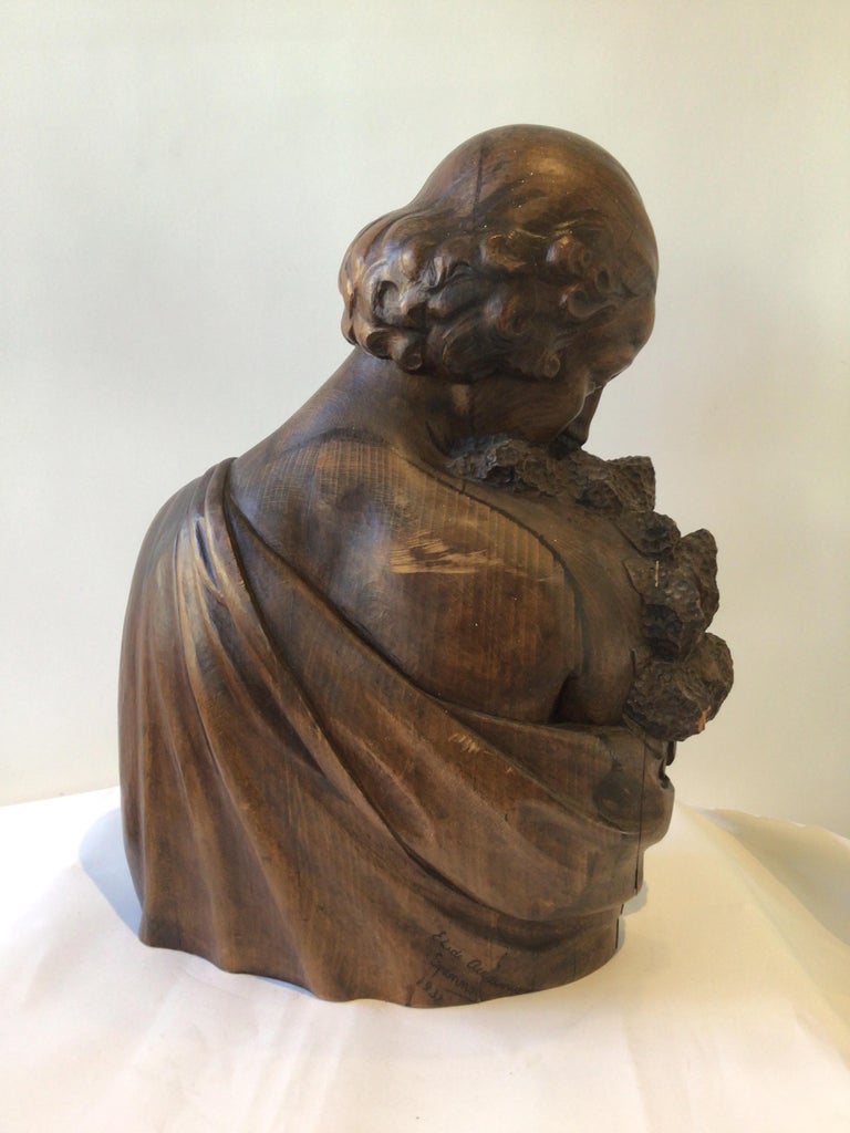 1937 Carved Wood Bust of Woman Holding Hydrangeas For Sale at 1stDibs
