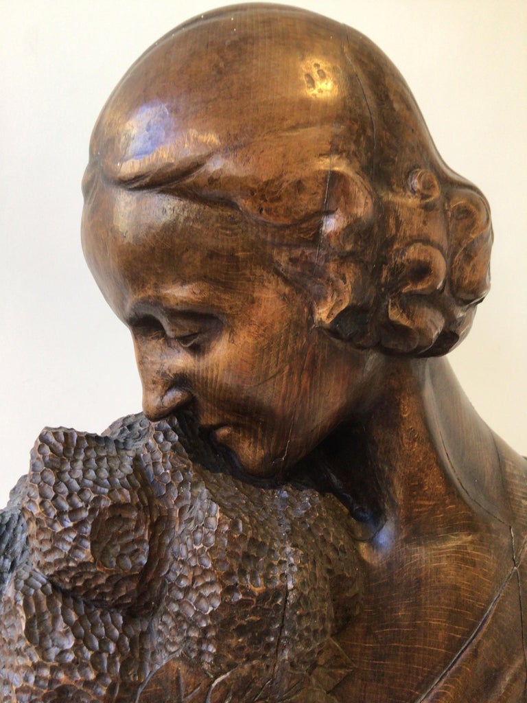 1937 Carved Wood Bust of Woman Holding Hydrangeas For Sale at 1stDibs