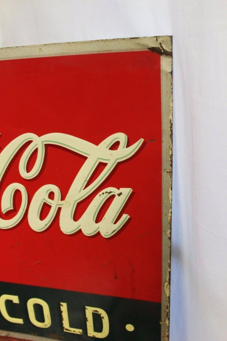1937 Vintage Coca Cola "Ice Cold" Advertising Tin Sign For Sale at ...