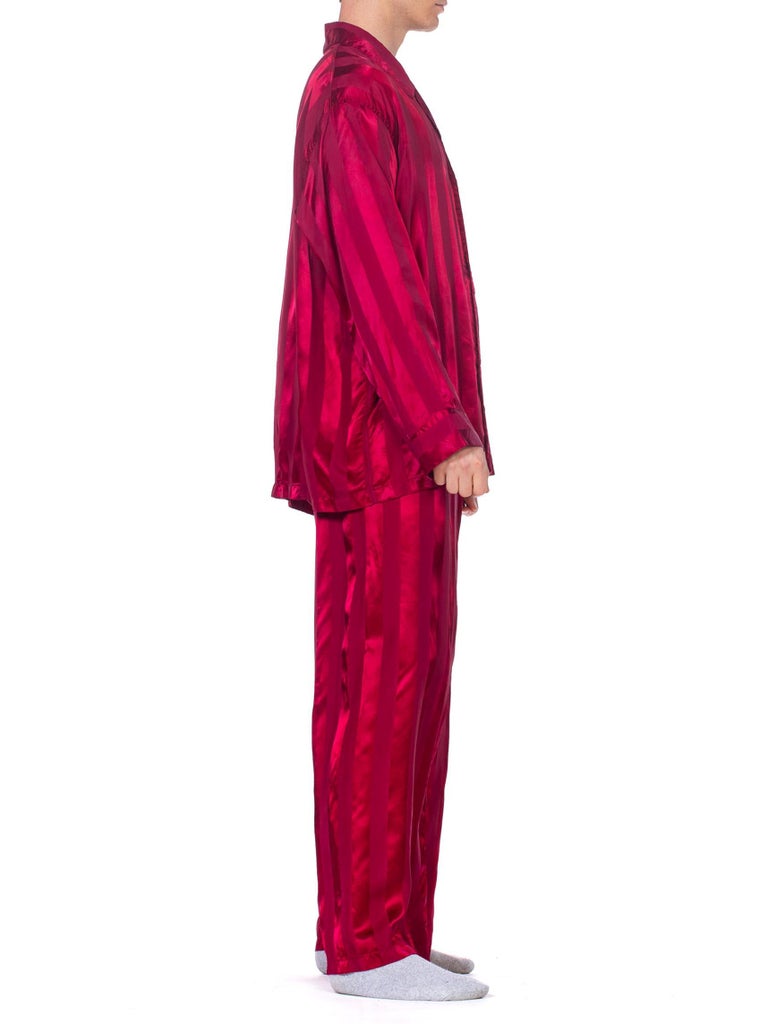 1940S Maroon Rayon Men's Satin Stripe Pajamas Large Size at 1stDibs