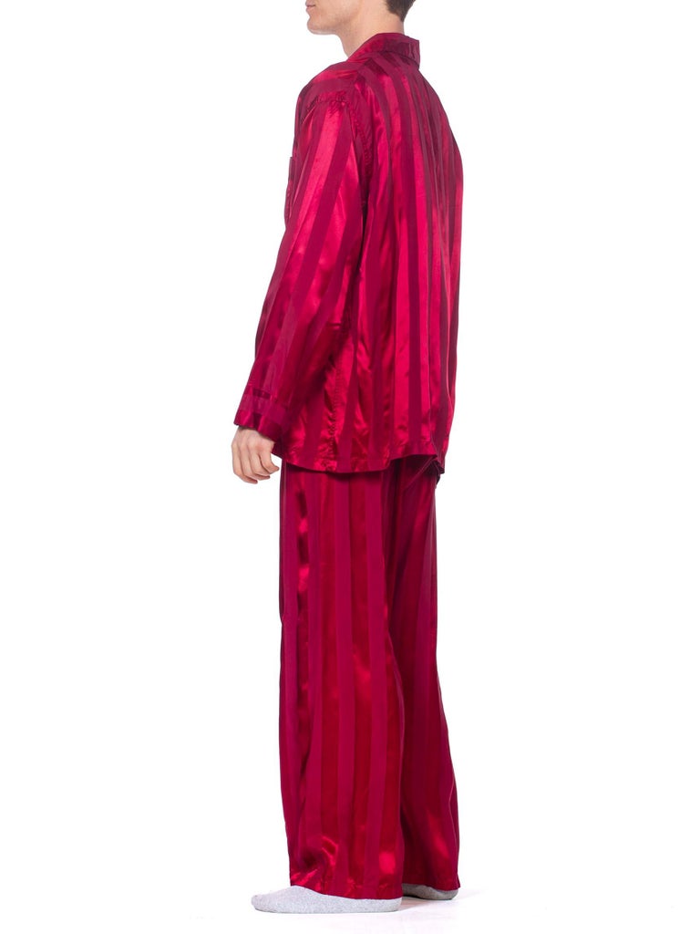 1940S Maroon Rayon Men's Satin Stripe Pajamas Large Size at 1stDibs