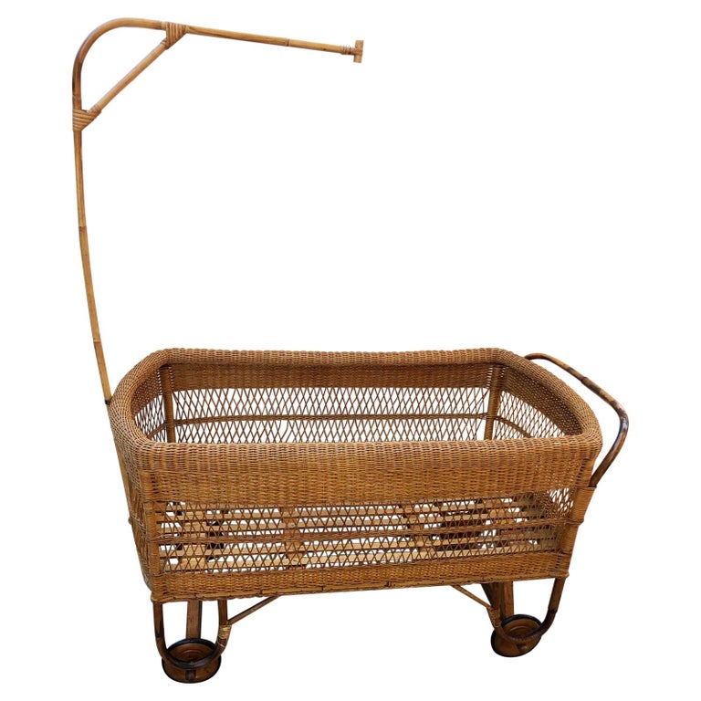 1940 Italian Hand-Woven Wicker Crib, Wooden Wheels, with Original Cover ...