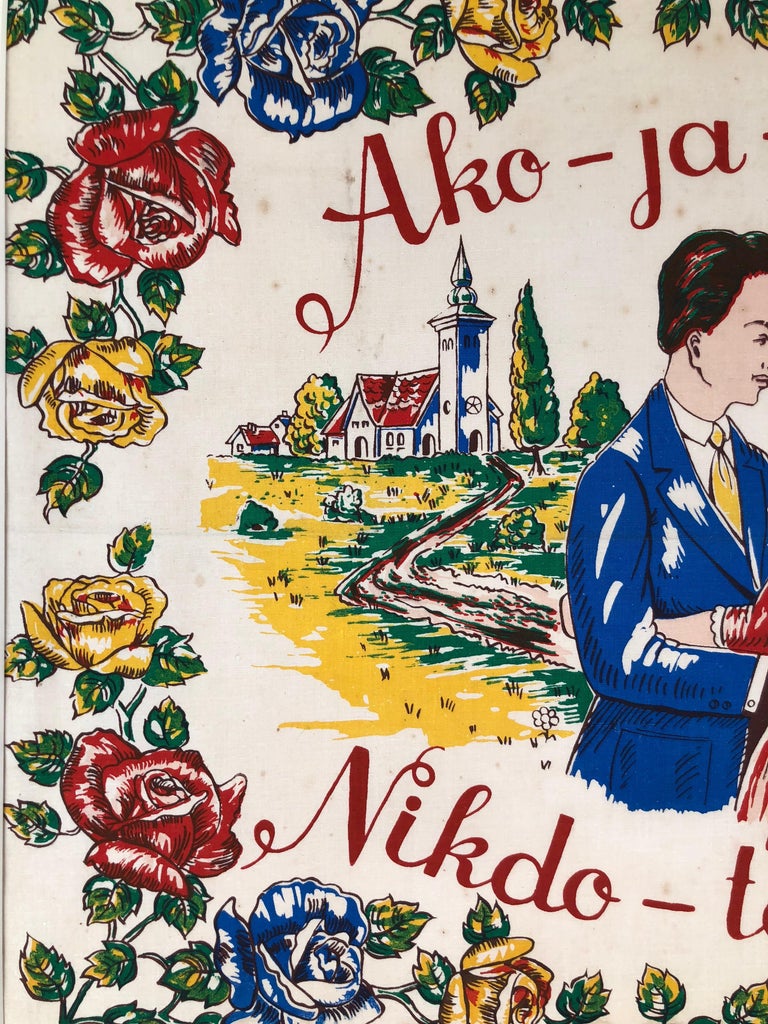 1940s Hand Colored Block Print on Textile For Sale at 1stDibs