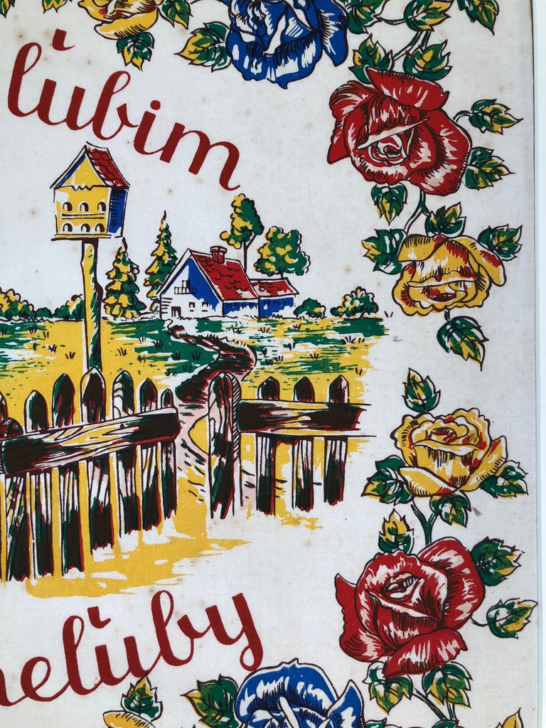 1940s Hand Colored Block Print on Textile For Sale at 1stDibs