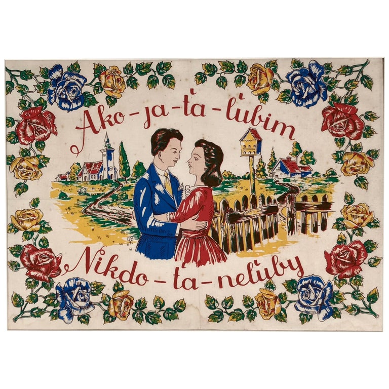 1940s Hand Colored Block Print on Textile For Sale at 1stDibs