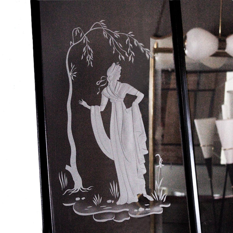 1940s Large Etched Mirror, Waxed Wood Frame and Moldings, Italy For ...