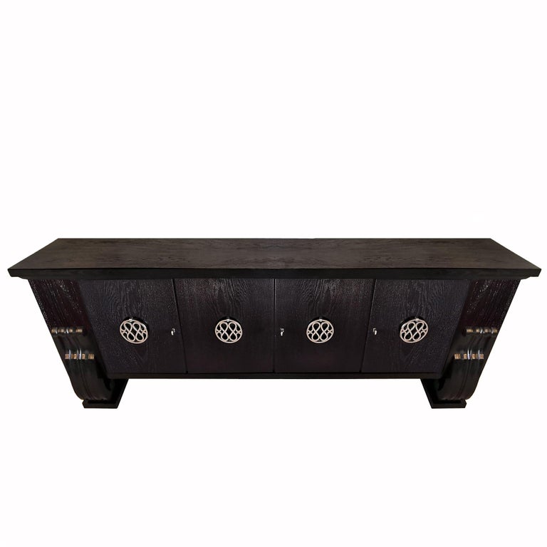 Mid-Century Modern Large Sideboard, Stained Oak and Bronze, Column Feet ...