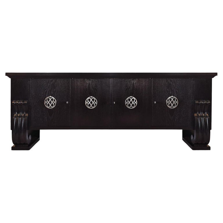 Mid-Century Modern Large Sideboard, Stained Oak and Bronze, Column Feet ...