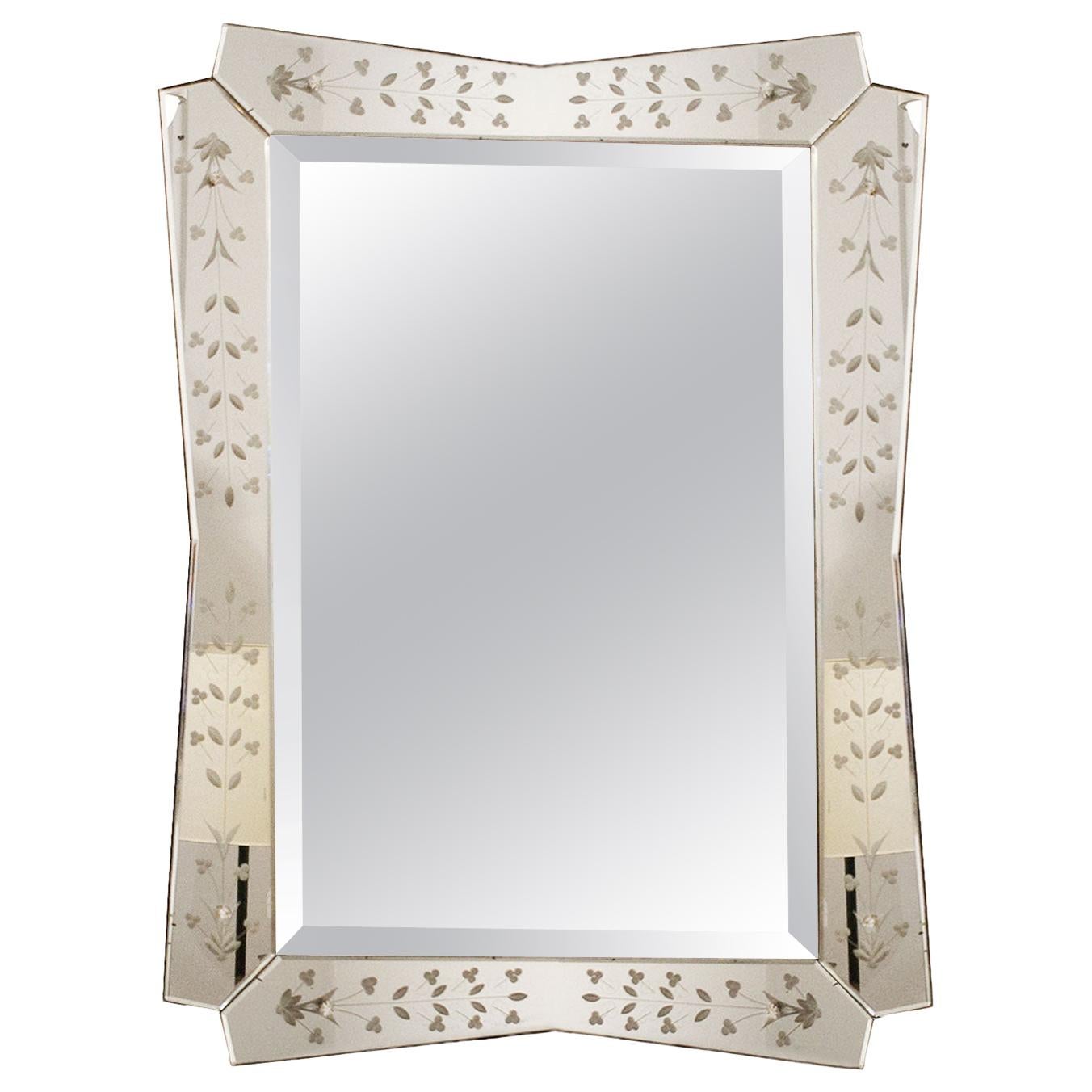 1940s Rectangular Beveled Mirror, Flowers Pattern Engraved Mirror ...