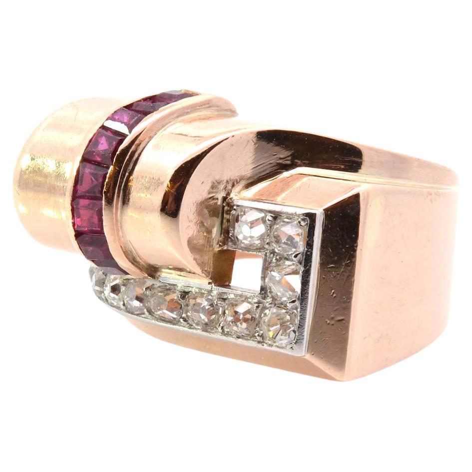 1940 tank ring with diamonds and rubies For Sale at 1stDibs