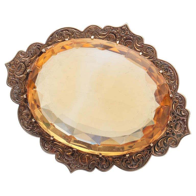 1940s 100 Carat Citrine Brooch in 14 Karat Gold For Sale at 1stDibs