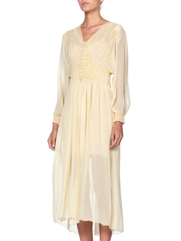 1940S Buttercream Yellow Sheer Silk Chiffon Couture Hand Stitched ...