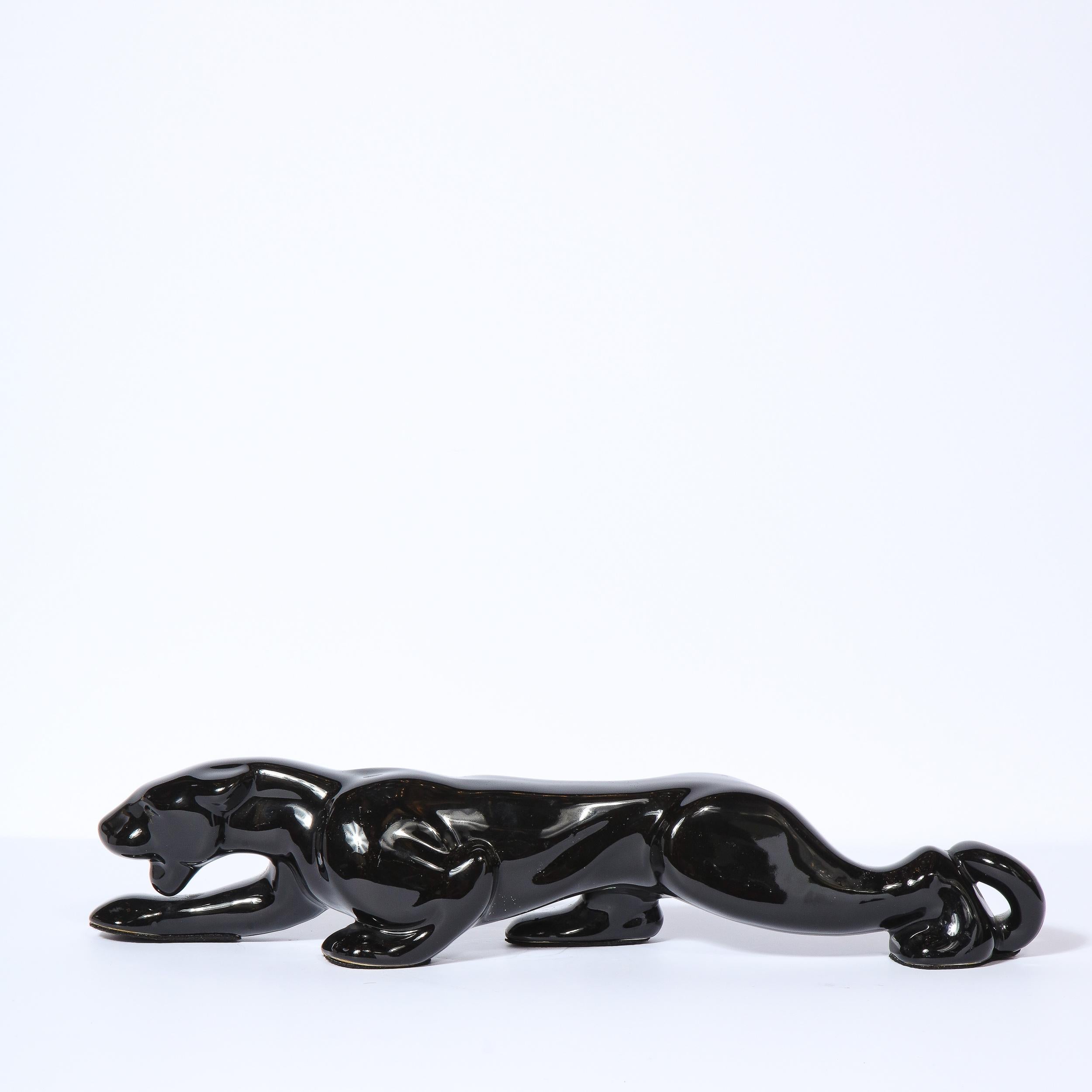 1940s American Art Deco Glazed Black Ceramic Stylized Panther Uplight ...