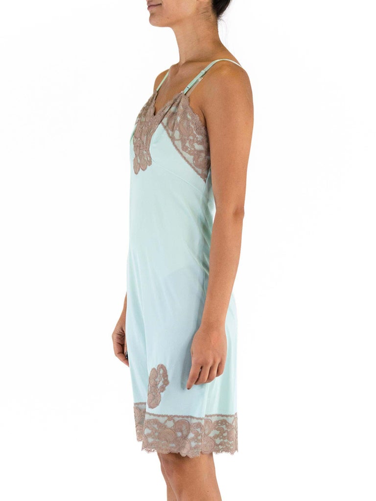 1940S Aqua Blue Nylon Tricot Jersey Slip With Lace Trim For Sale at 1stDibs