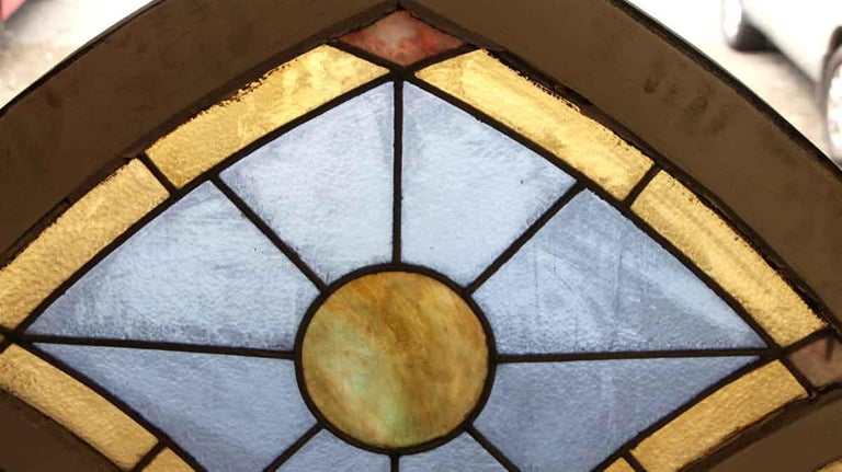 1940s Arched Stained and Slag Glass Window with White Wood Frame For ...