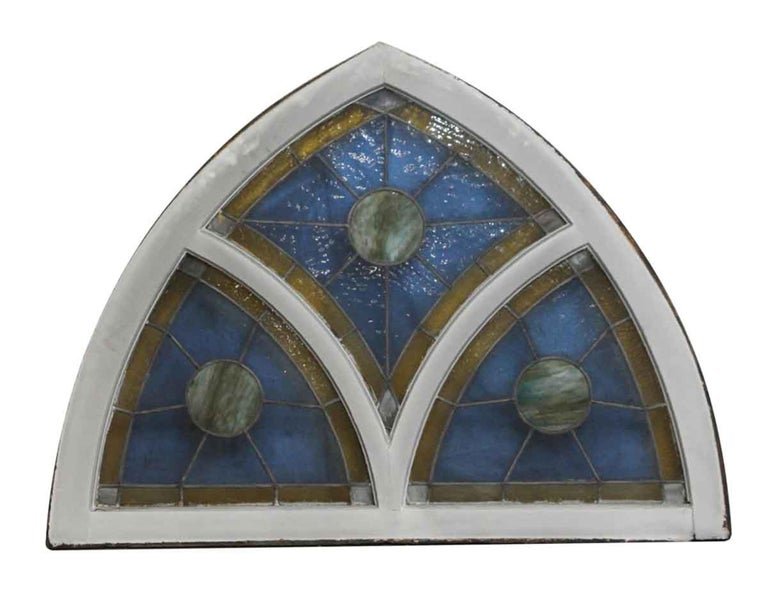 1940s Arched Stained and Slag Glass Window with White Wood Frame For ...