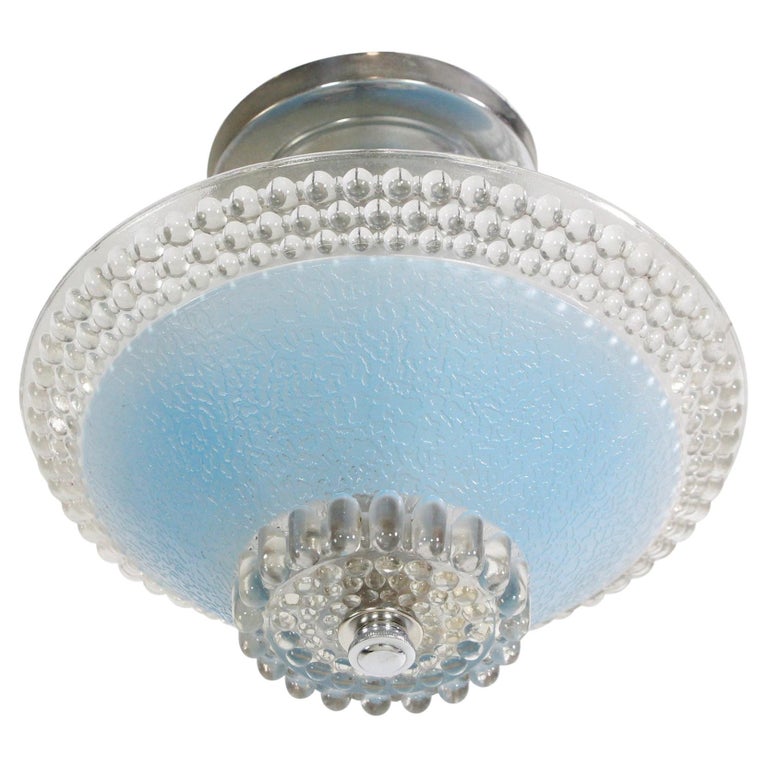 1940s Art Deco Blue and Clear Glass Semi-Flush Ceiling Light with ...