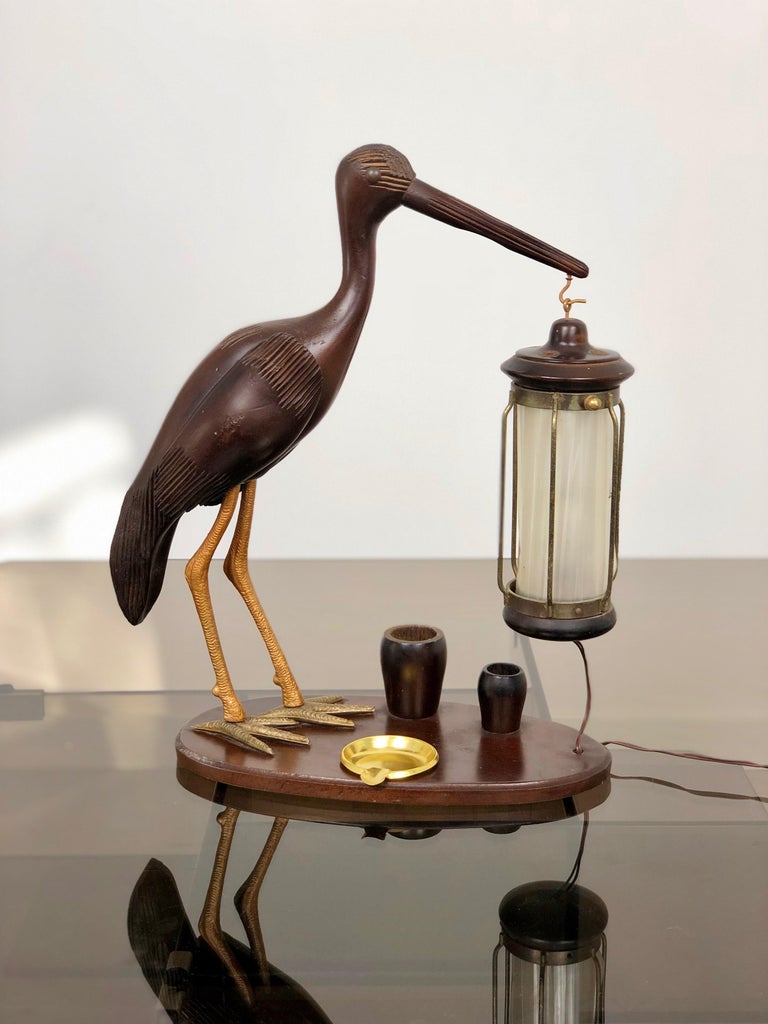 1940s Art Deco Heron Table Lamp Ashtray Cigarette Service Italy Hand ...