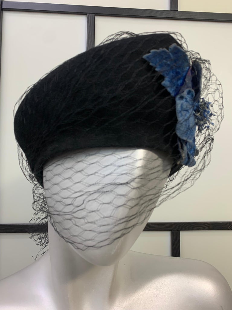 1940s Black Felt Peaked-Front Hat w Large Sapphire Blue Velvet Flower ...