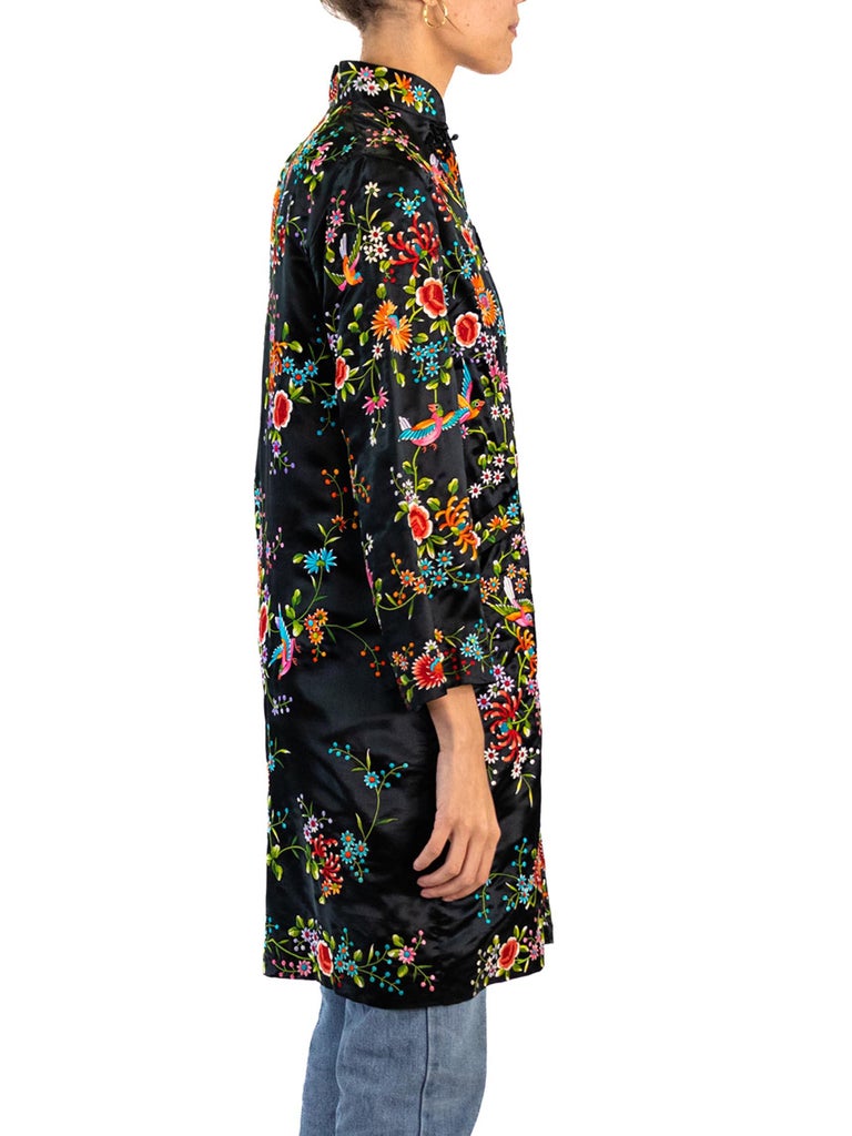 1940S Black Hand Embroidered Silk Satin Midi Length Asian Jacket For ...