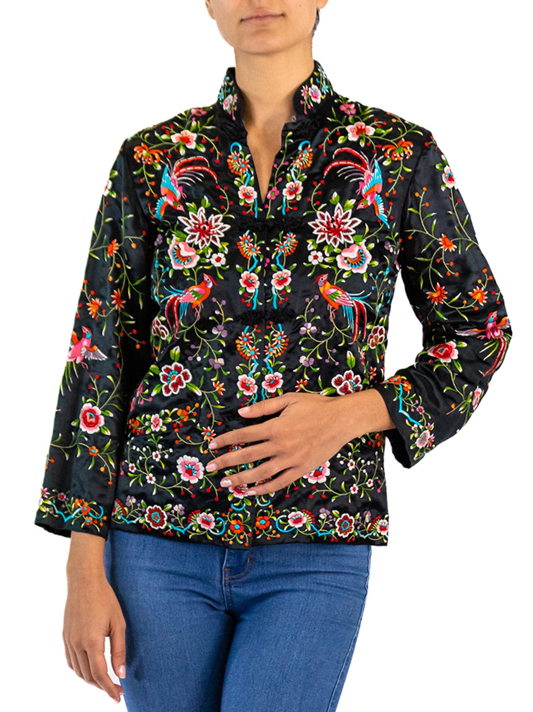 1940S Black Silk Satin Jacket Hand Embroidered With Birds and Flowers ...
