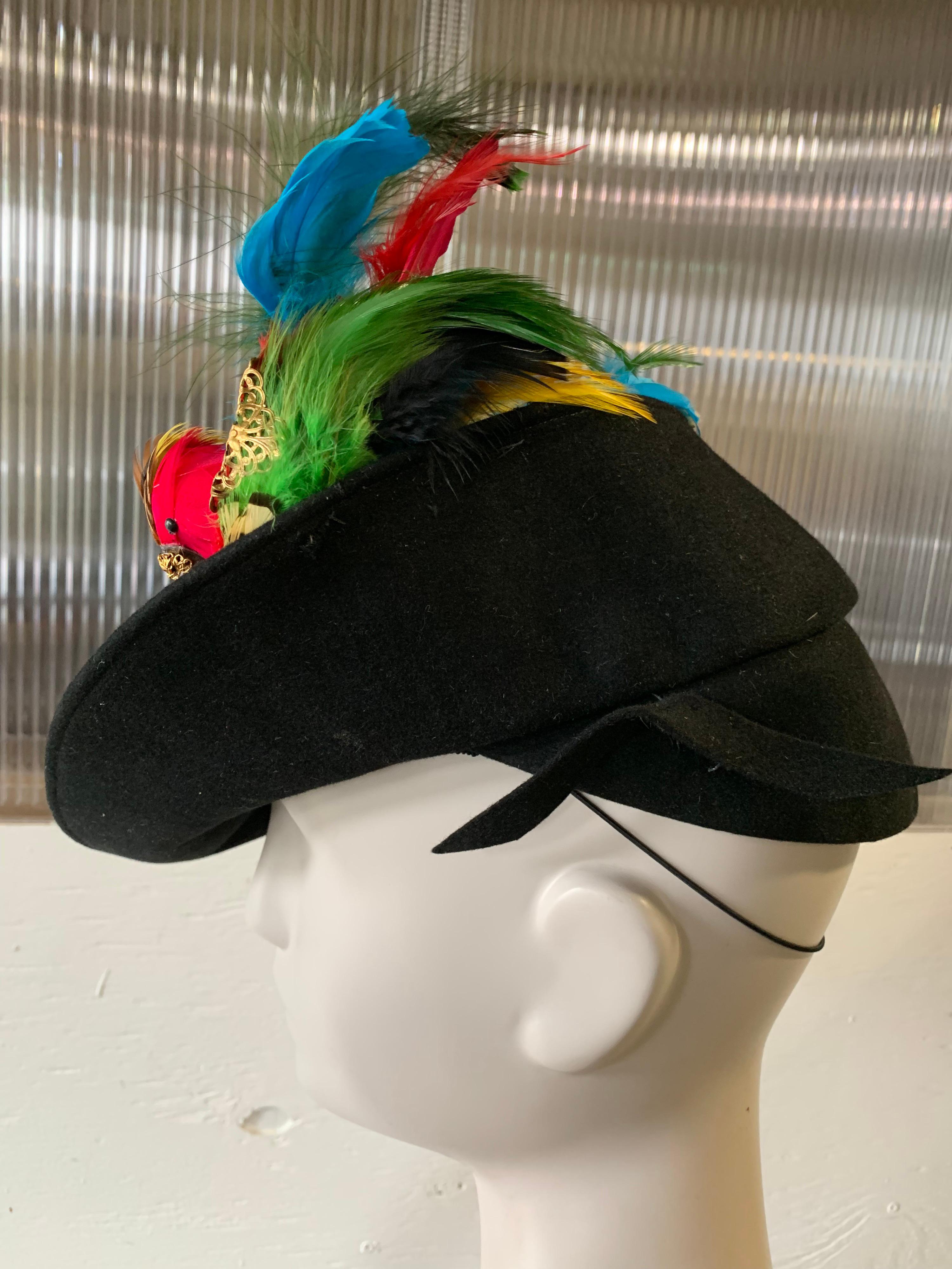 1940s Black Wool Felt Robin Hood Style Hat W/ Extravagant Feather Bird ...