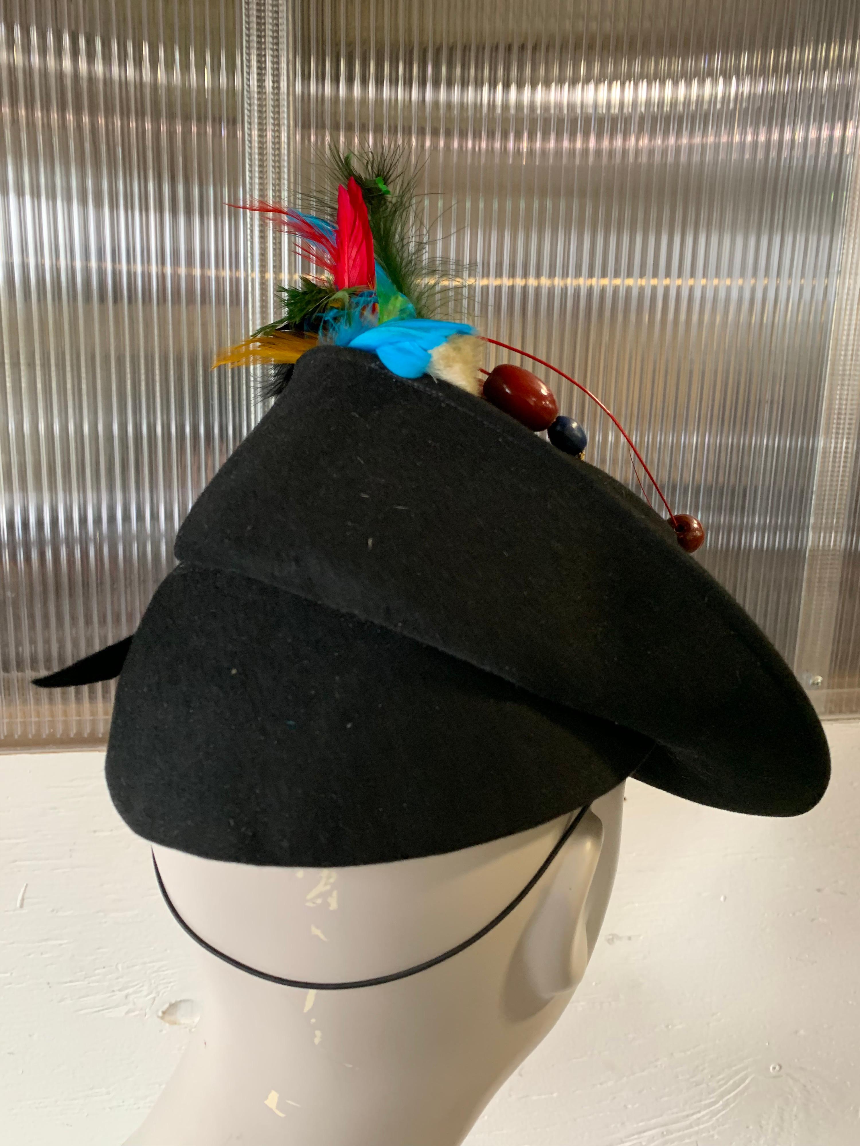 1940s Black Wool Felt Robin Hood Style Hat W/ Extravagant Feather Bird ...