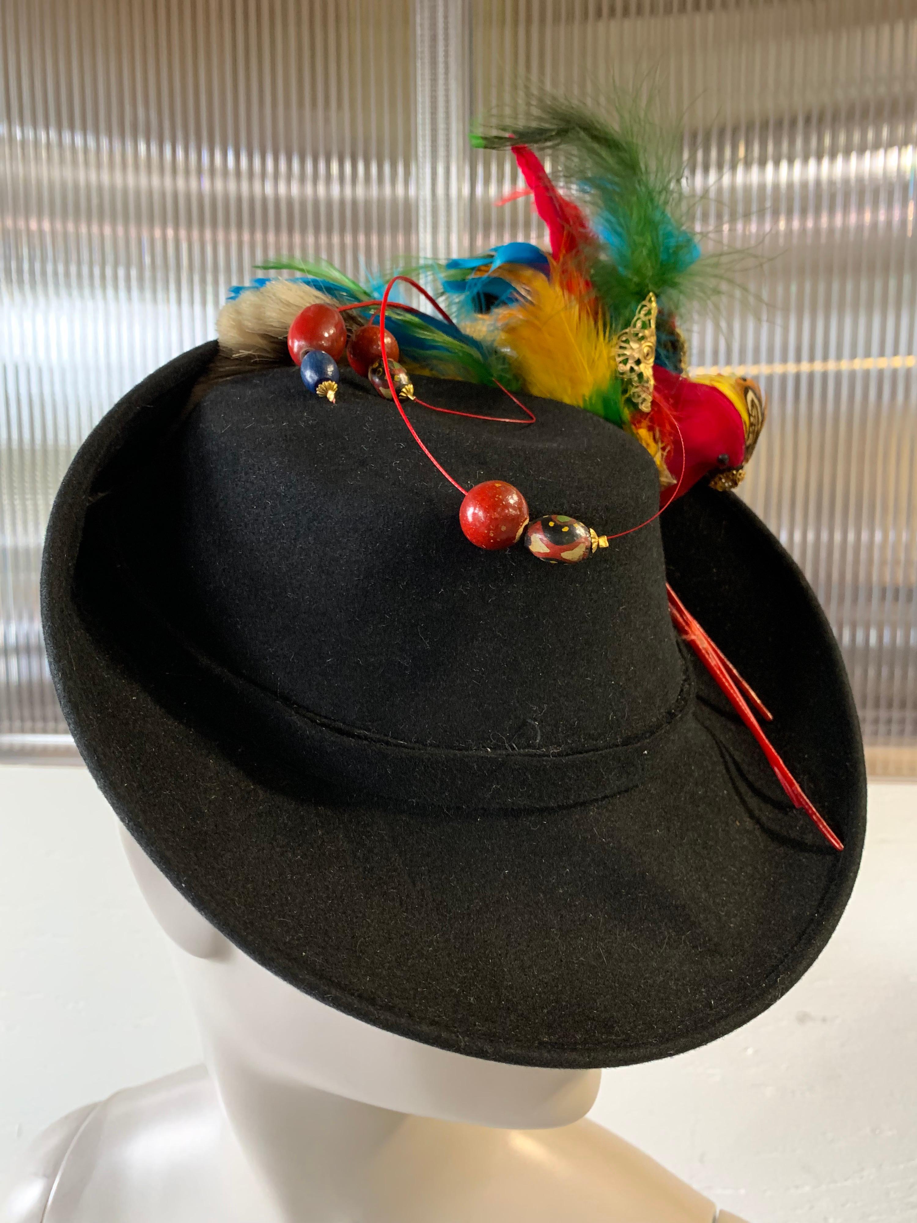1940s Black Wool Felt Robin Hood Style Hat W/ Extravagant Feather Bird ...
