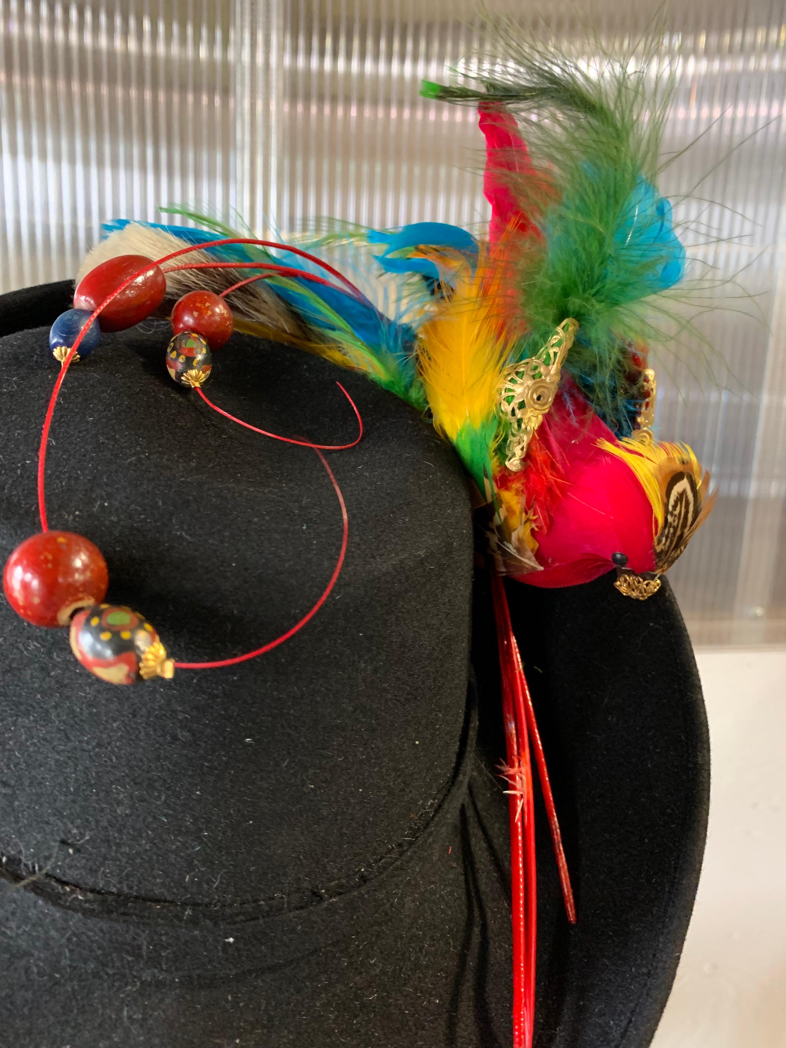 1940s Black Wool Felt Robin Hood Style Hat W/ Extravagant Feather Bird ...