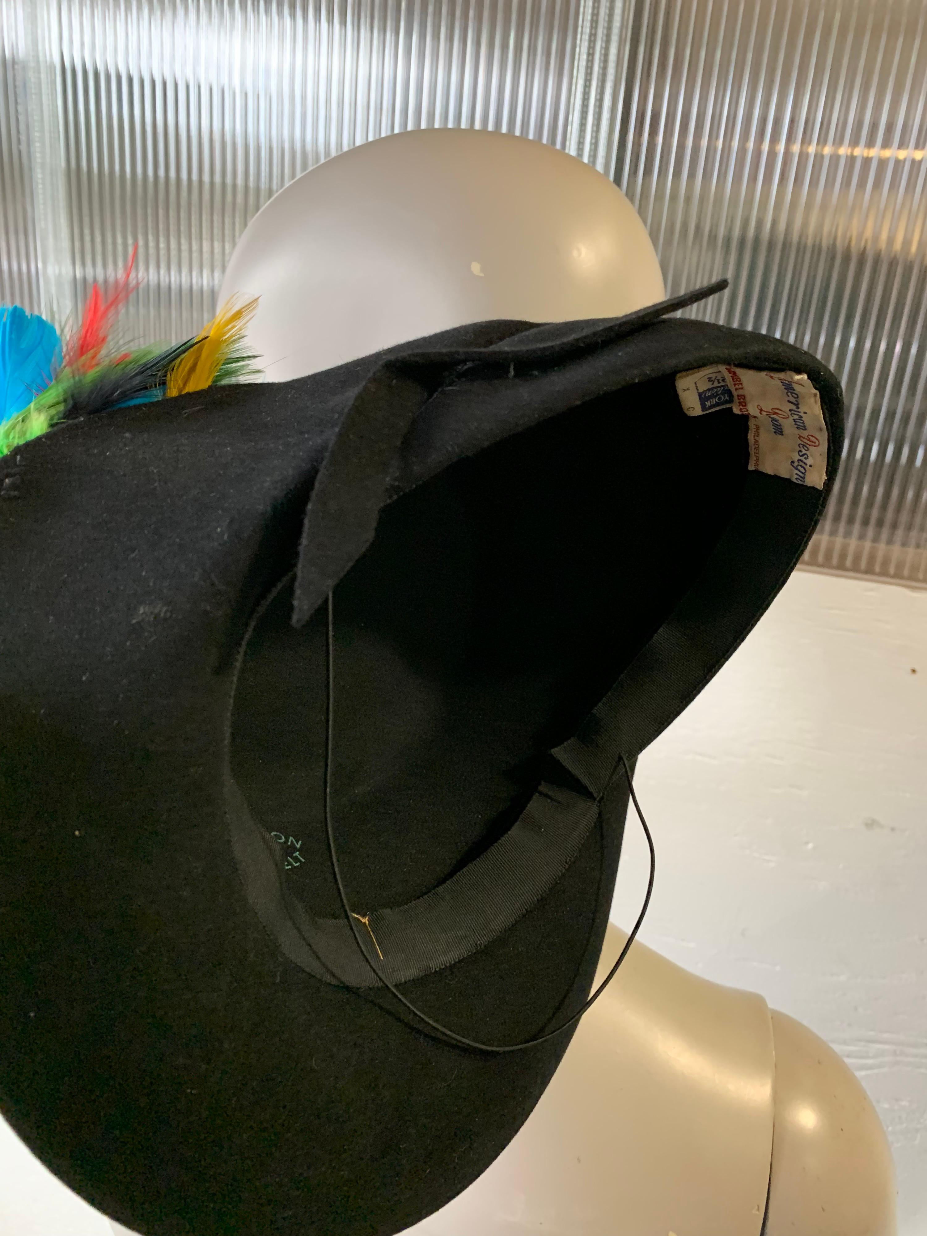 1940s Black Wool Felt Robin Hood Style Hat W/ Extravagant Feather Bird ...
