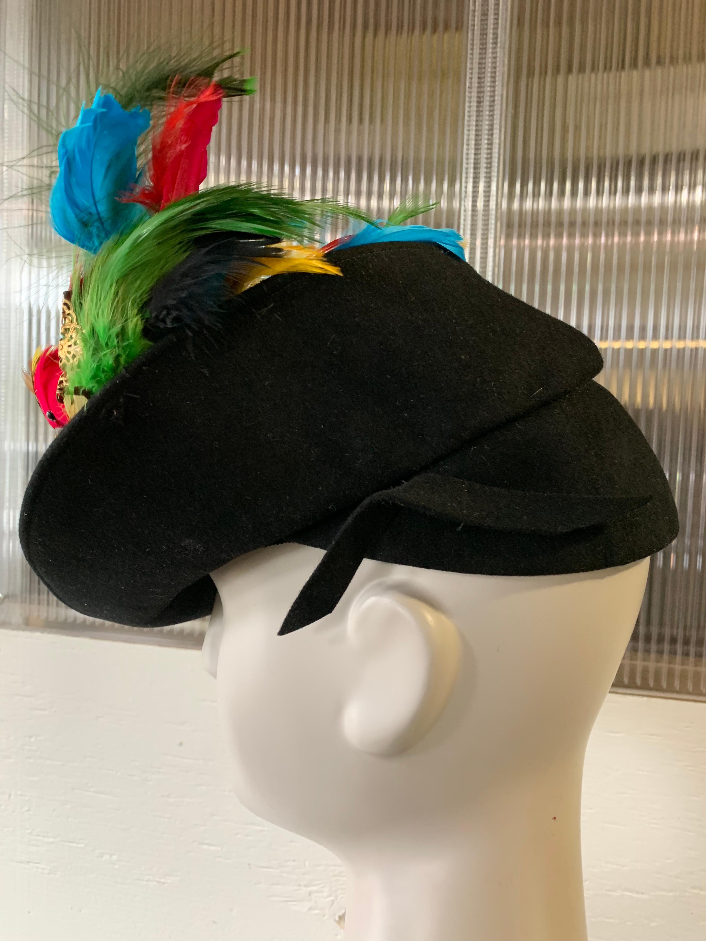 1940s Black Wool Felt Robin Hood Style Hat W/ Extravagant Feather Bird ...